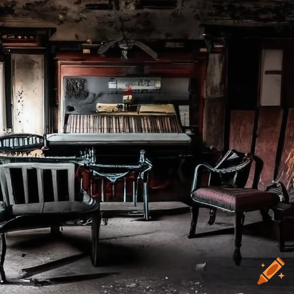 Creepy dark lounge with a piano in the middle that looks like an old ...