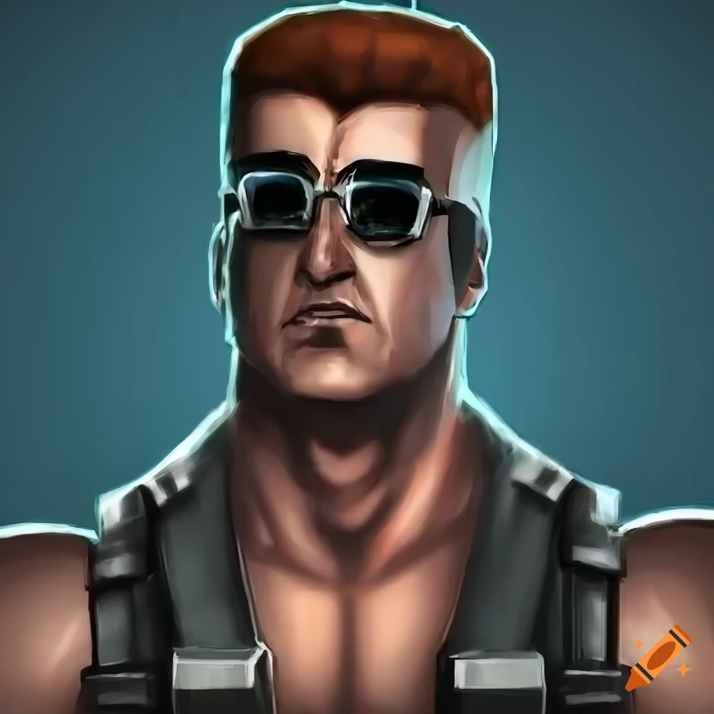 Black haired duke nukem and sunglasses smirking portrait on Craiyon