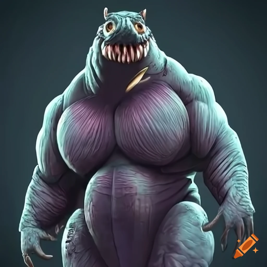 A powerful kaiju hippopotamus with a massive belly and ripped muscles ...