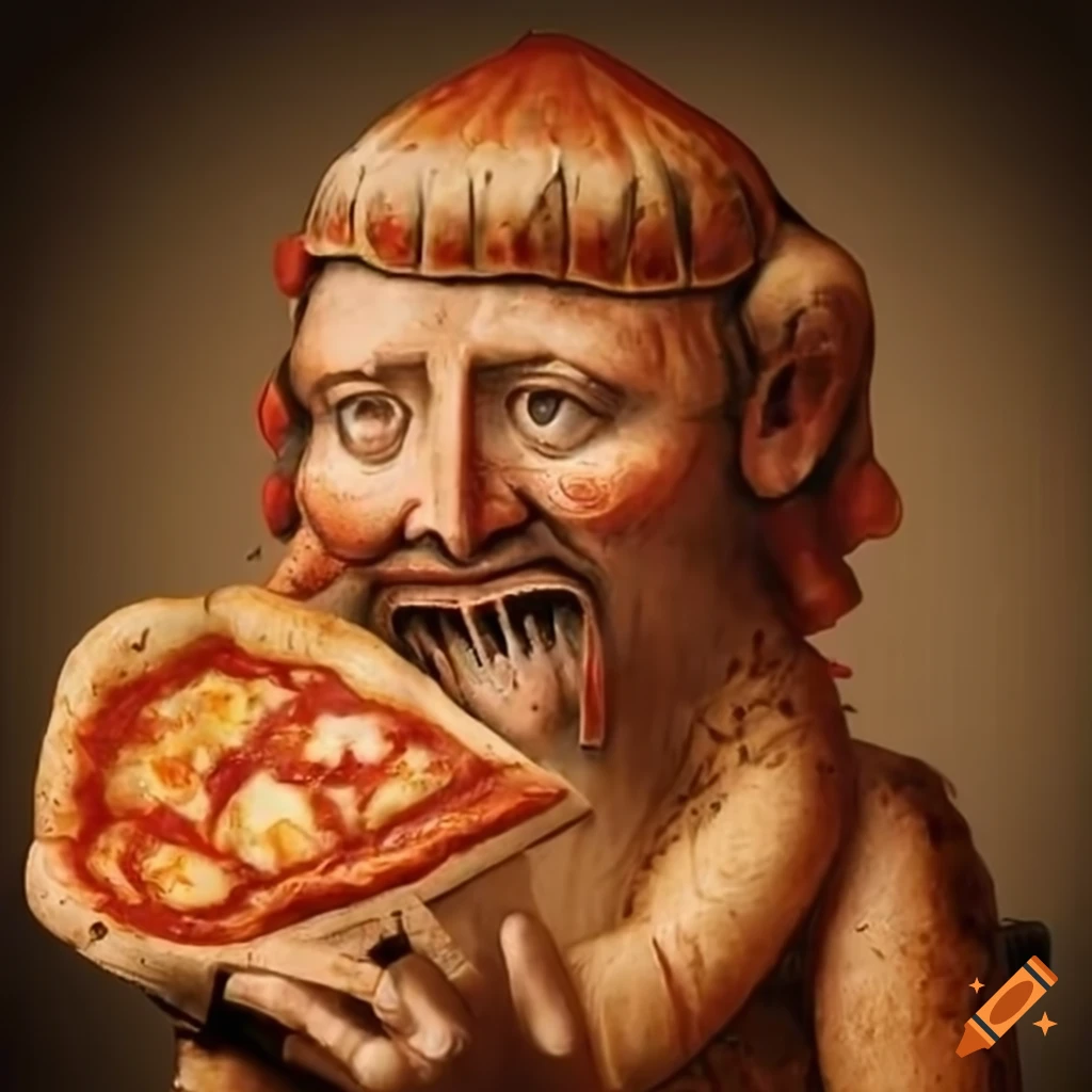 A medieval depiction of a god made of pizza holding a slice of pizza on ...