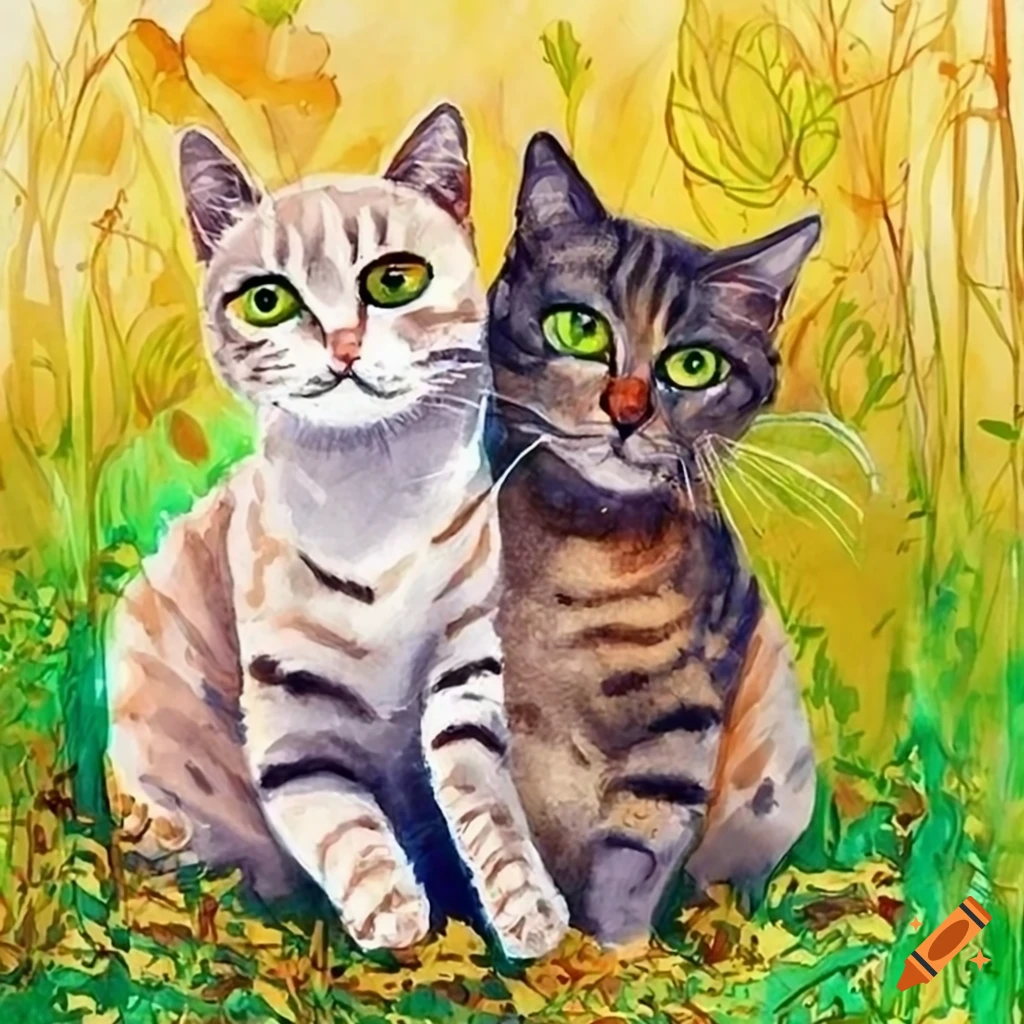 Two calm cats painted with watercolor, cats hugging each other ...