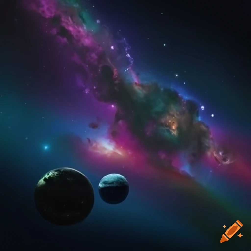 An artist's depiction of space exploration with distant galaxies and planets on Craiyon