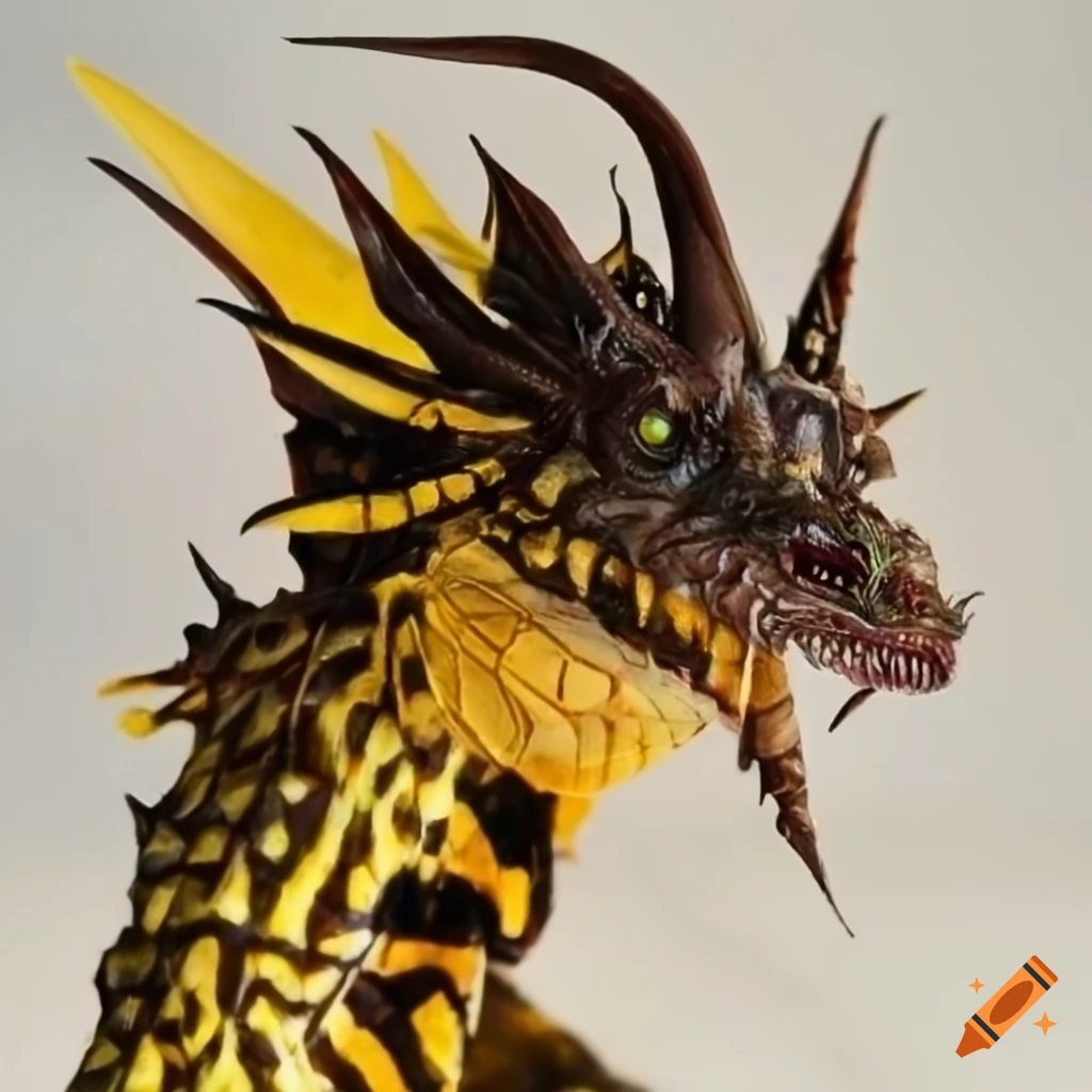 A fantastical striped dragon creature with yellowjacket wasp color ...