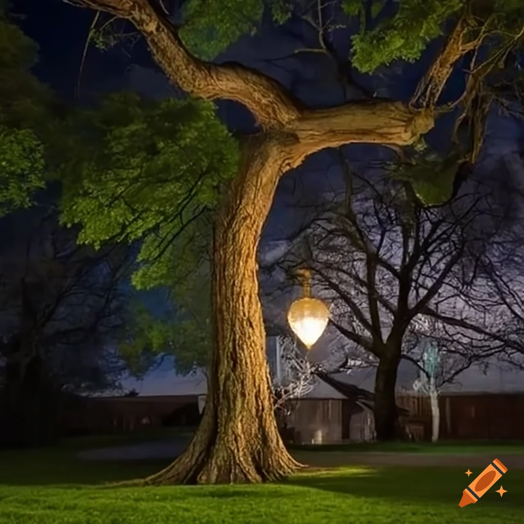 At night, a lamp hangs from a big tree in the yard on Craiyon