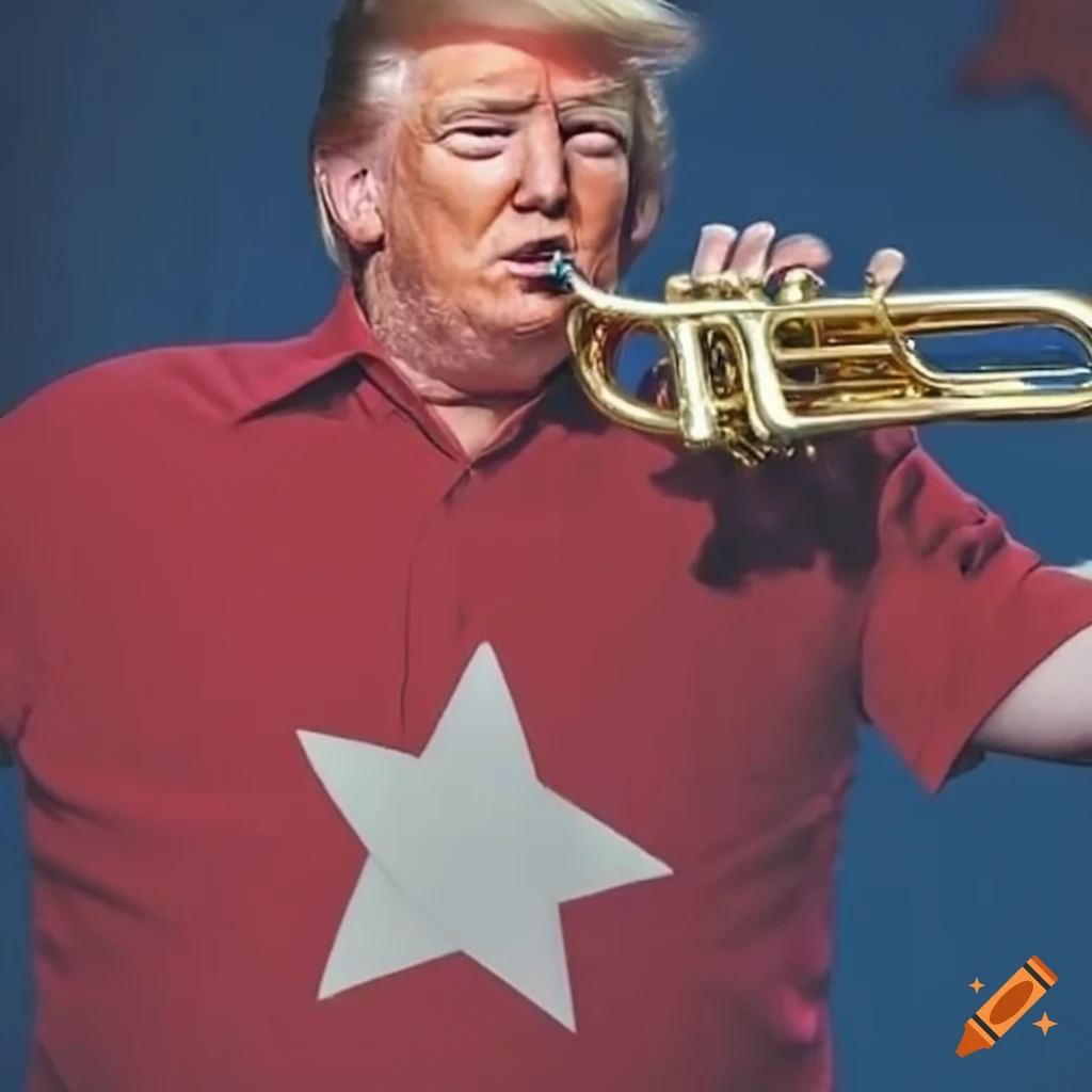 Donald Trump holding a trumpet and wearing a red shirt with a white ...