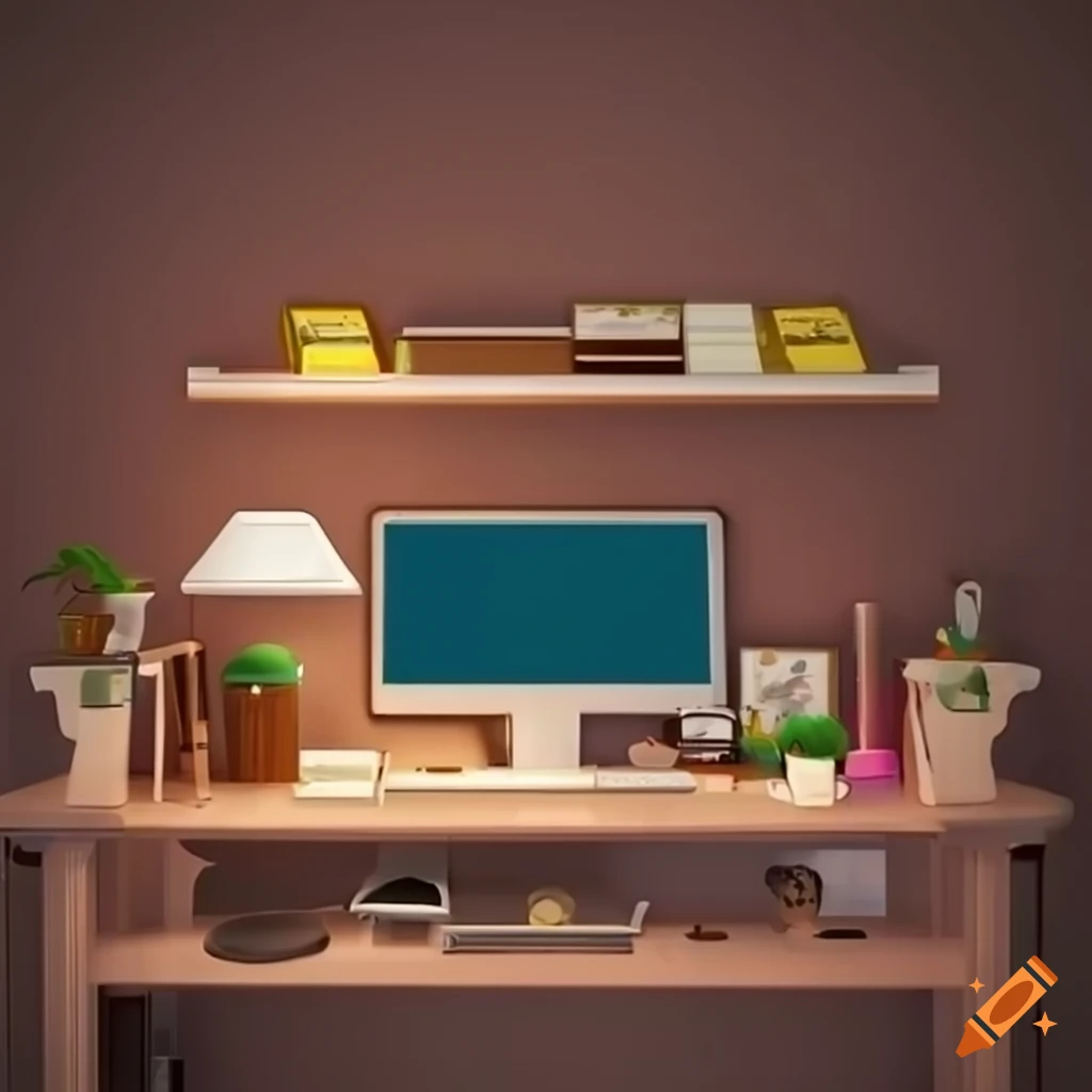 Office room in a family home with a computer during the day in cartoon ...