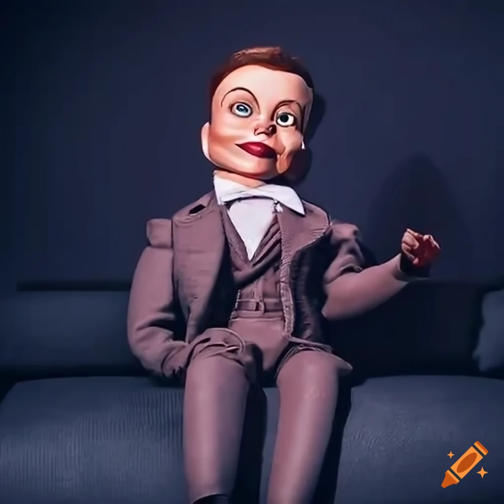 A photo of Elon Musk as a dummy ventriloquist doll sitting on a couch ...