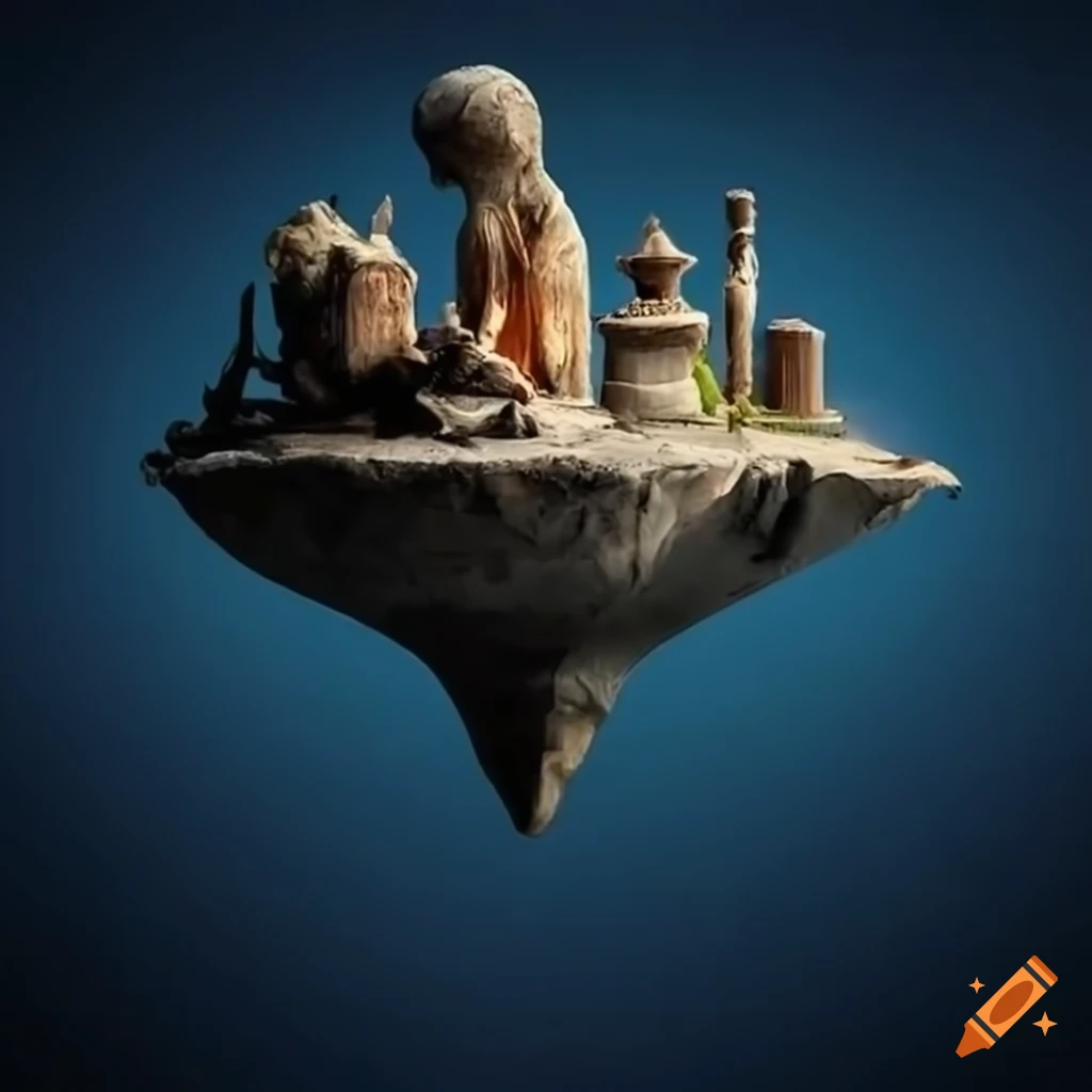 Surreal floating island with a bizarre marble sculpture of a geometric human figure engulfed in ...
