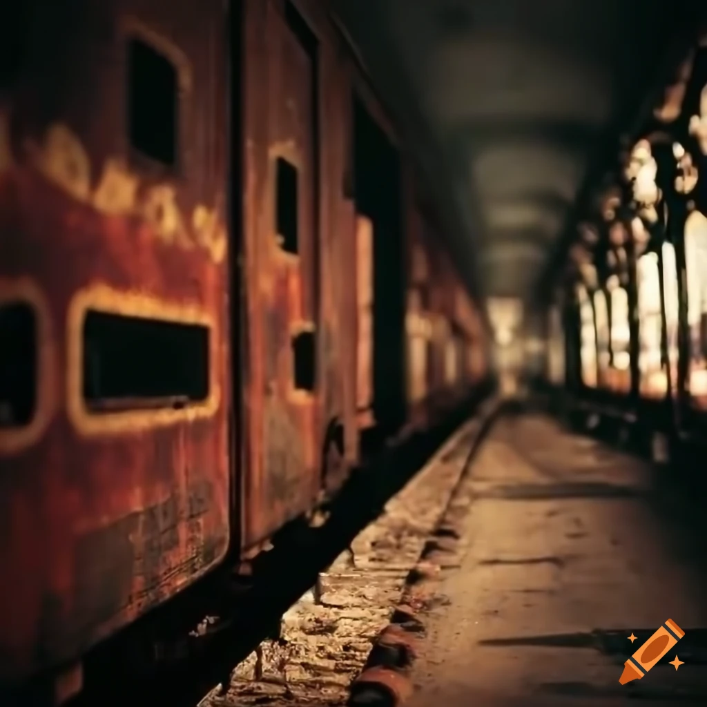 Rusty train in train hall, bokeh, photorealistic