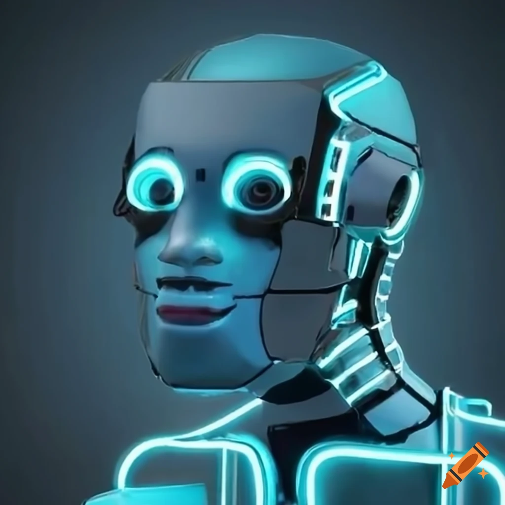 A futuristic neon robot with a stretchable cube head on Craiyon