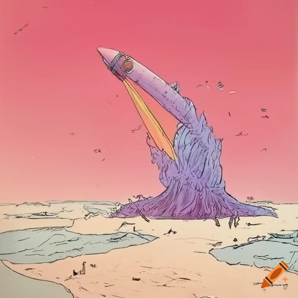 Moebius pale pink missile attack art