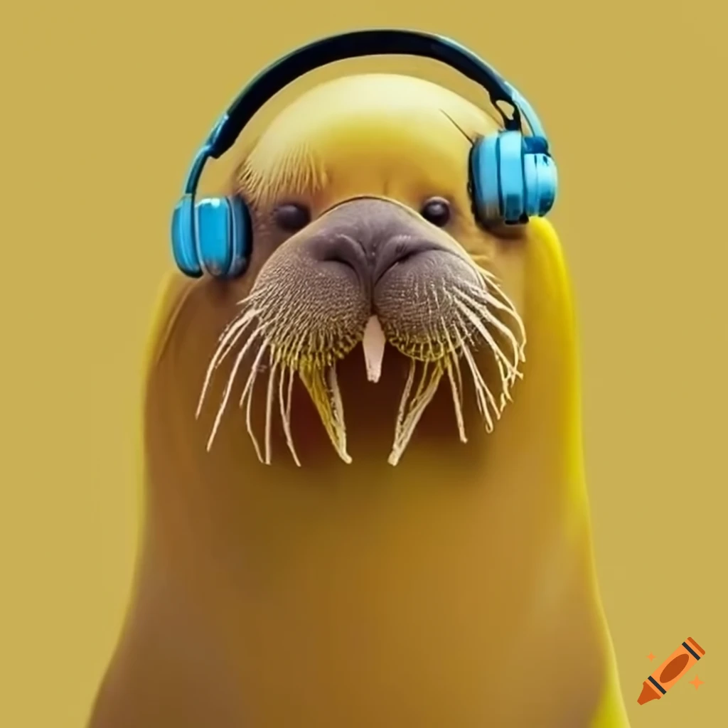 Yellow walrus wearing headphones