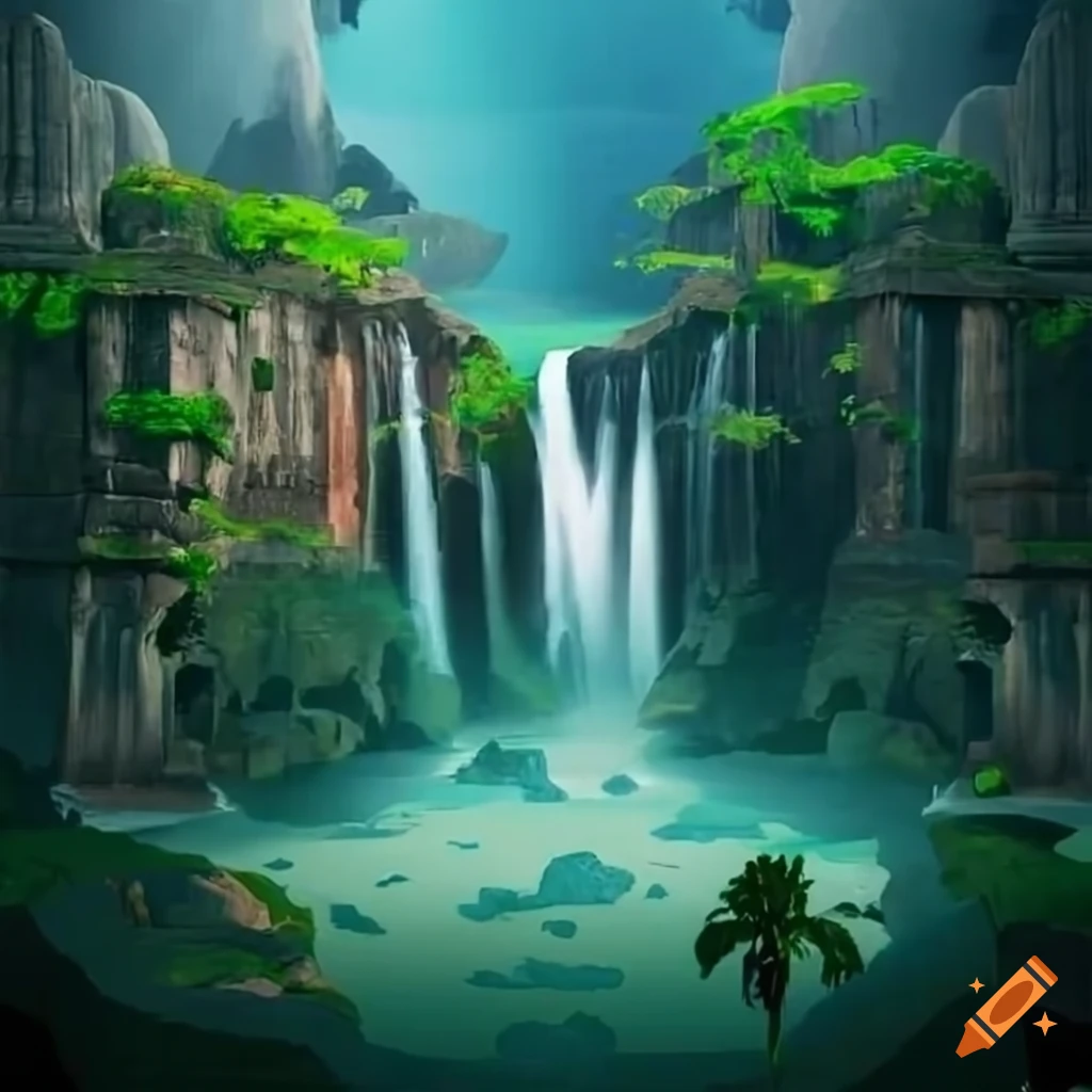 Ancient jungle civilization ruins on the top of a cliff with waterfalls ...