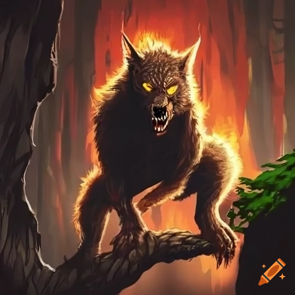 Cliff, forest, sun, darkness, werewolf, fire on Craiyon