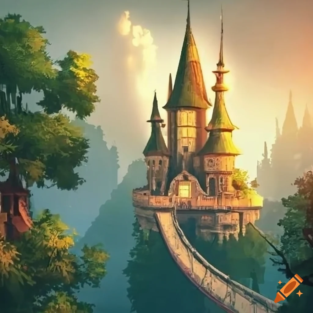Castle, tree house, forest, flowers, city, light, houses, tower ...