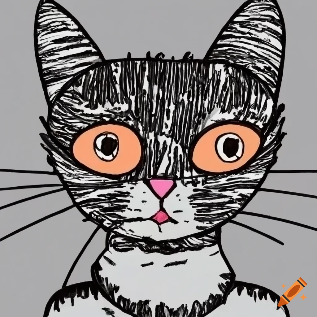 Simple anthropomorphic cat poorly drawn in crayon in the style of Junji ...