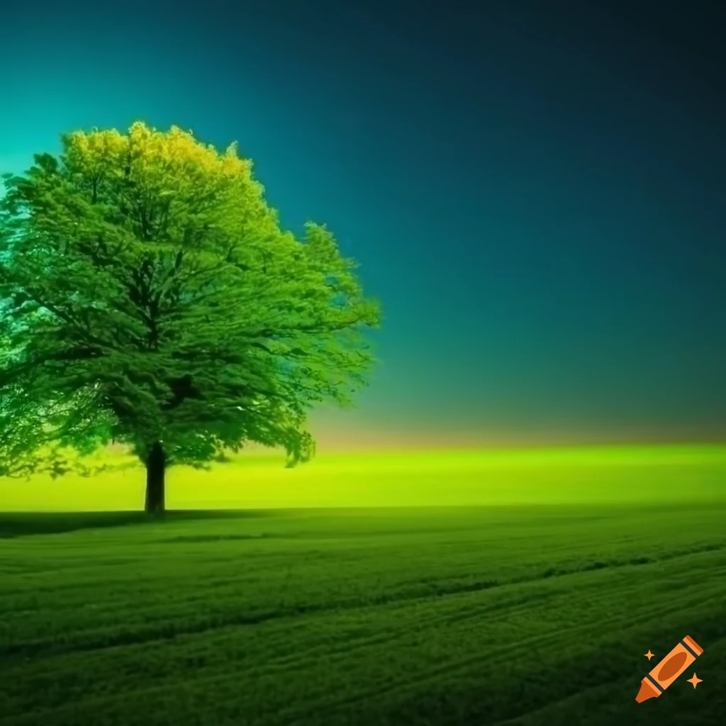 High quality picture of a bright green field with bright green trees on ...