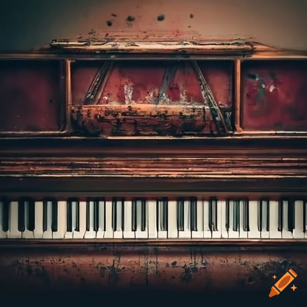 A worn-out piano with dusty keys, evoking a haunting atmosphere on Craiyon