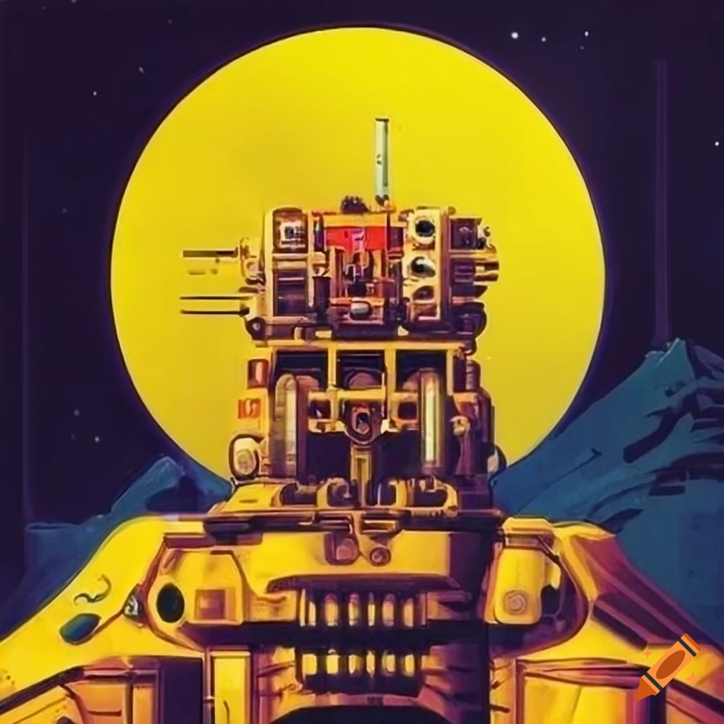 70s sci fi yellow engine art on Craiyon