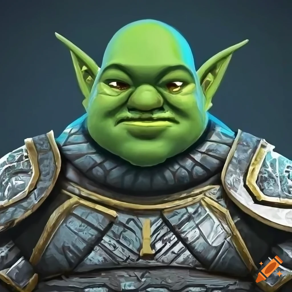 Bald fat green-skinned goblin warrior made of geometric shapes with a ...