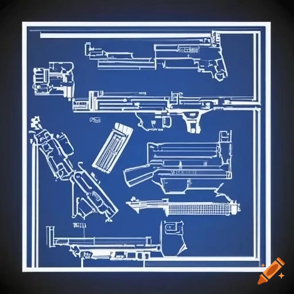Detailed traditional chinese blueprint of futuristic firearms on Craiyon