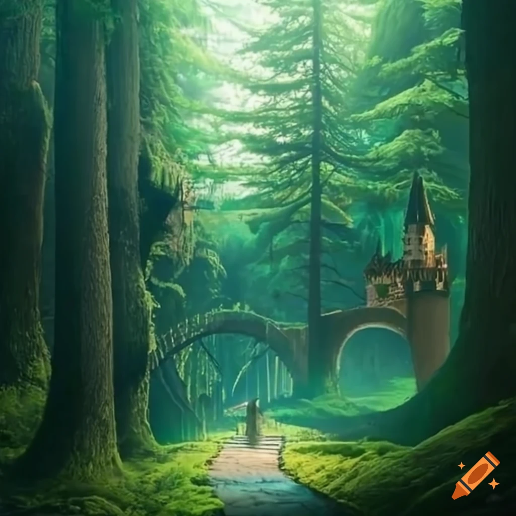 A forest kingdom with suspension bridges and trees. the castle is in ...