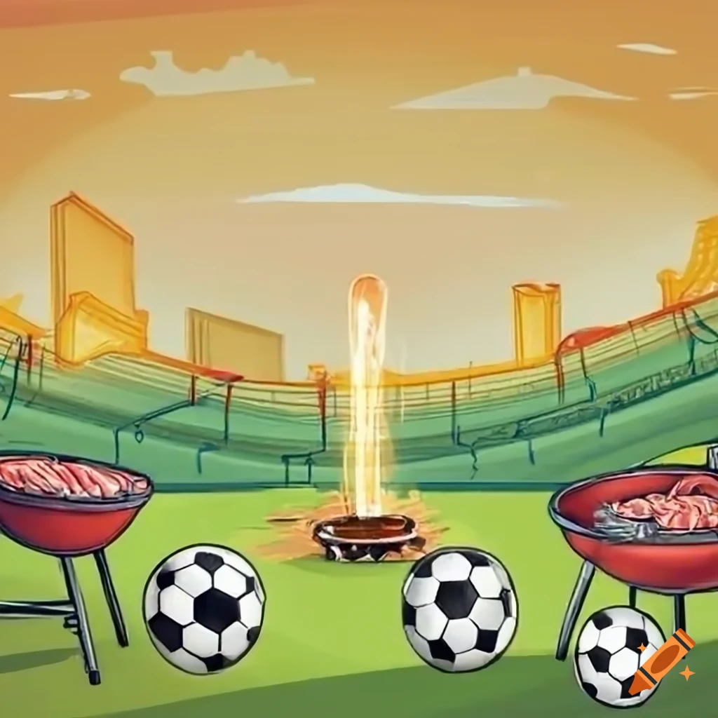 Business summer event with barbecue on soccer sports ground with sun set on Craiyon