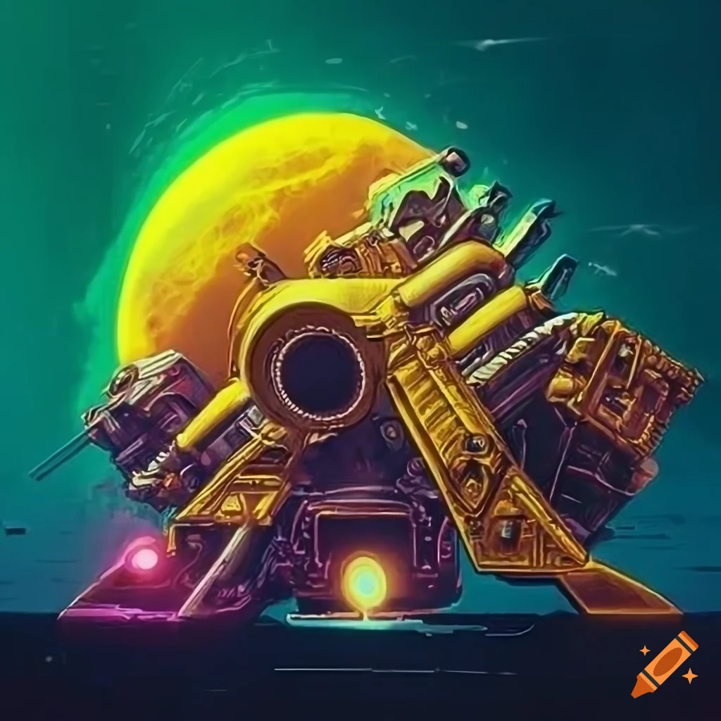 80s sci fi yellow engine art on Craiyon