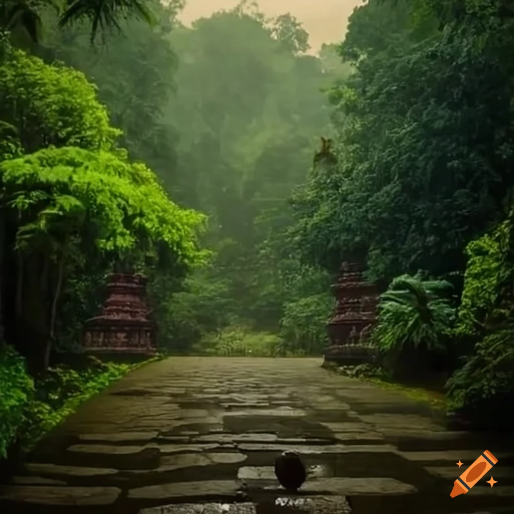 Stunning hindu temple nestled amidst lush nature during a rainstorm on ...