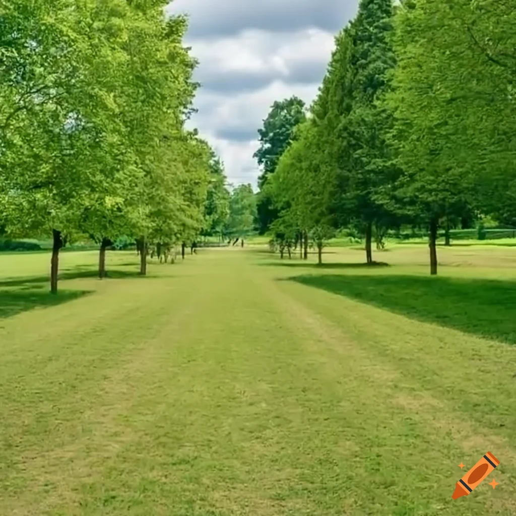 A park with but fields and trees running along a path in the middle