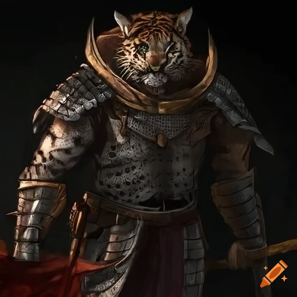 A fierce, heavily-armored tiger warrior in a grim medieval fantasy on ...