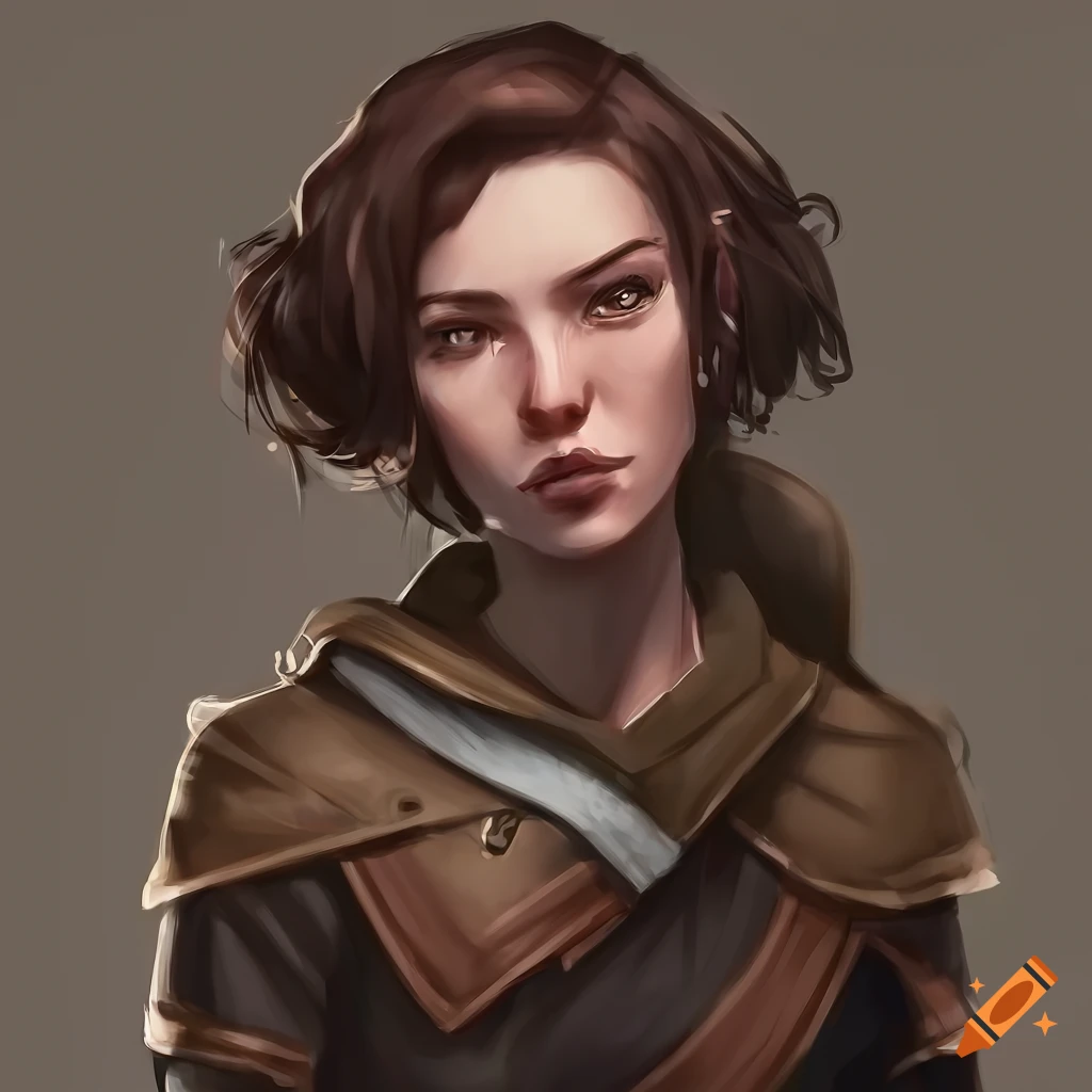 Serious female dnd ranger, poncho, bun hairstyle, musketeer hat, dark ...