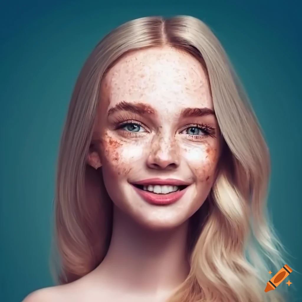 Beautiful young woman delicate freckles cheerful smile blonde hair on ...