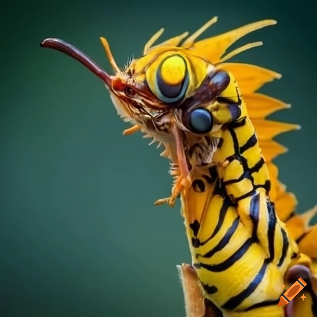 A fantastical striped dragon creature with yellowjacket wasp features