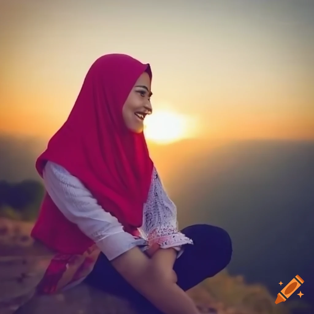 A smiling girl wearing a hijab sitting on a hill, enjoying the sunset ...