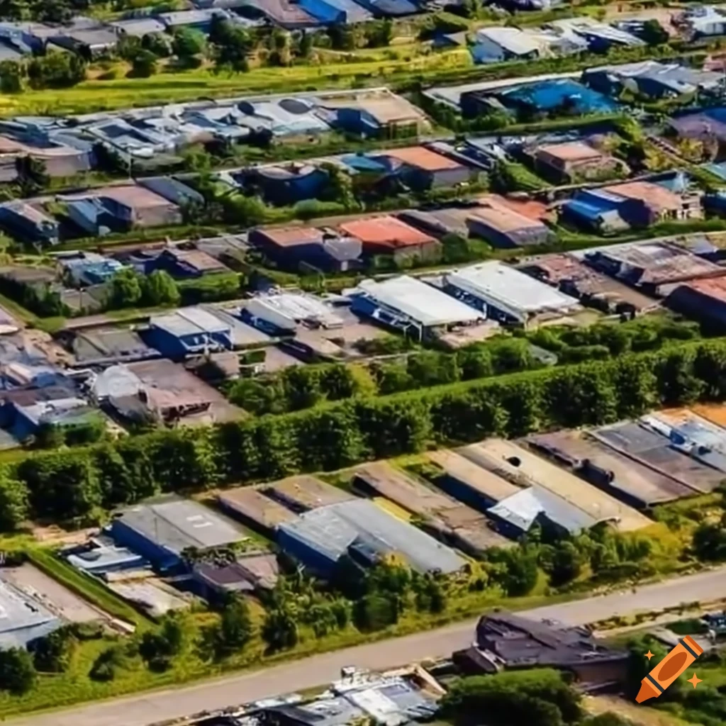 Bird's eye view of an industrial township where many warehouses and ...