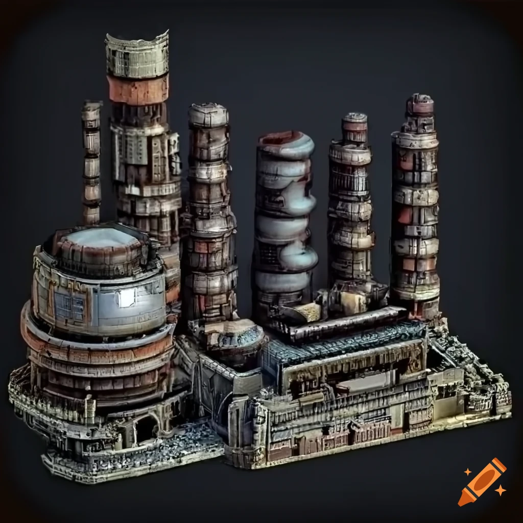 Grimdark sci-fi oil refinery buildings