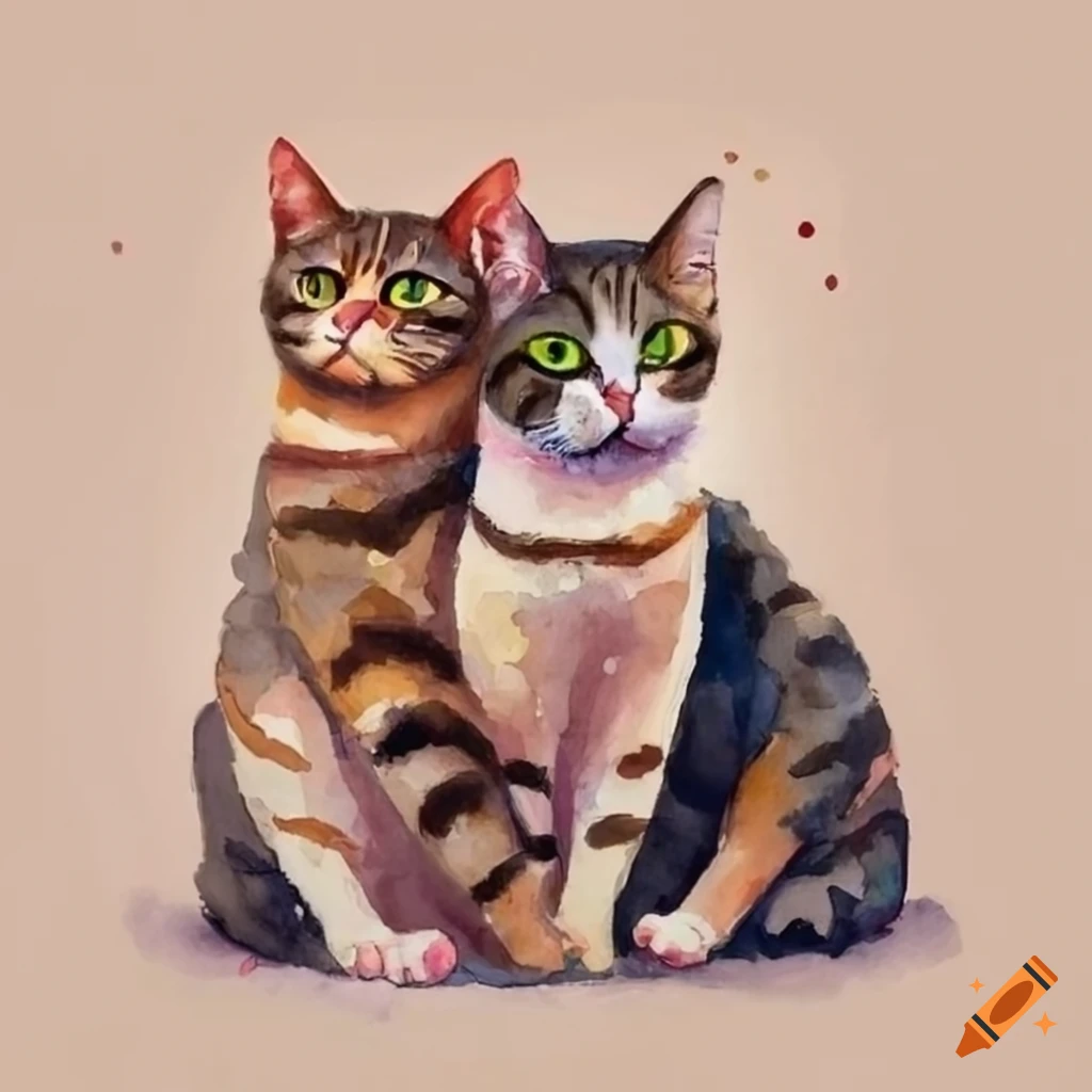 Calm cats painted with watercolor, cats hugging each other