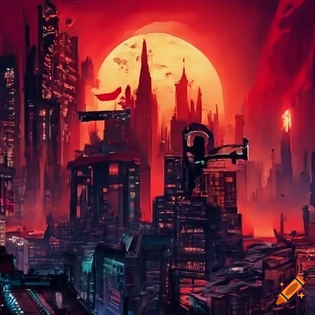Cyberpunk city in hell, red sky, demons flying around everywhere