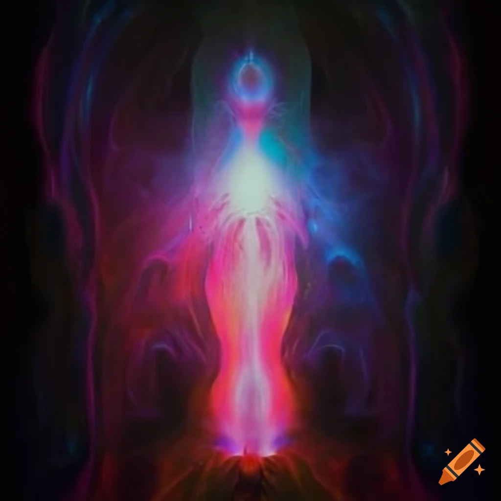 Create an image depicting three distinct beings. To the left is an ...