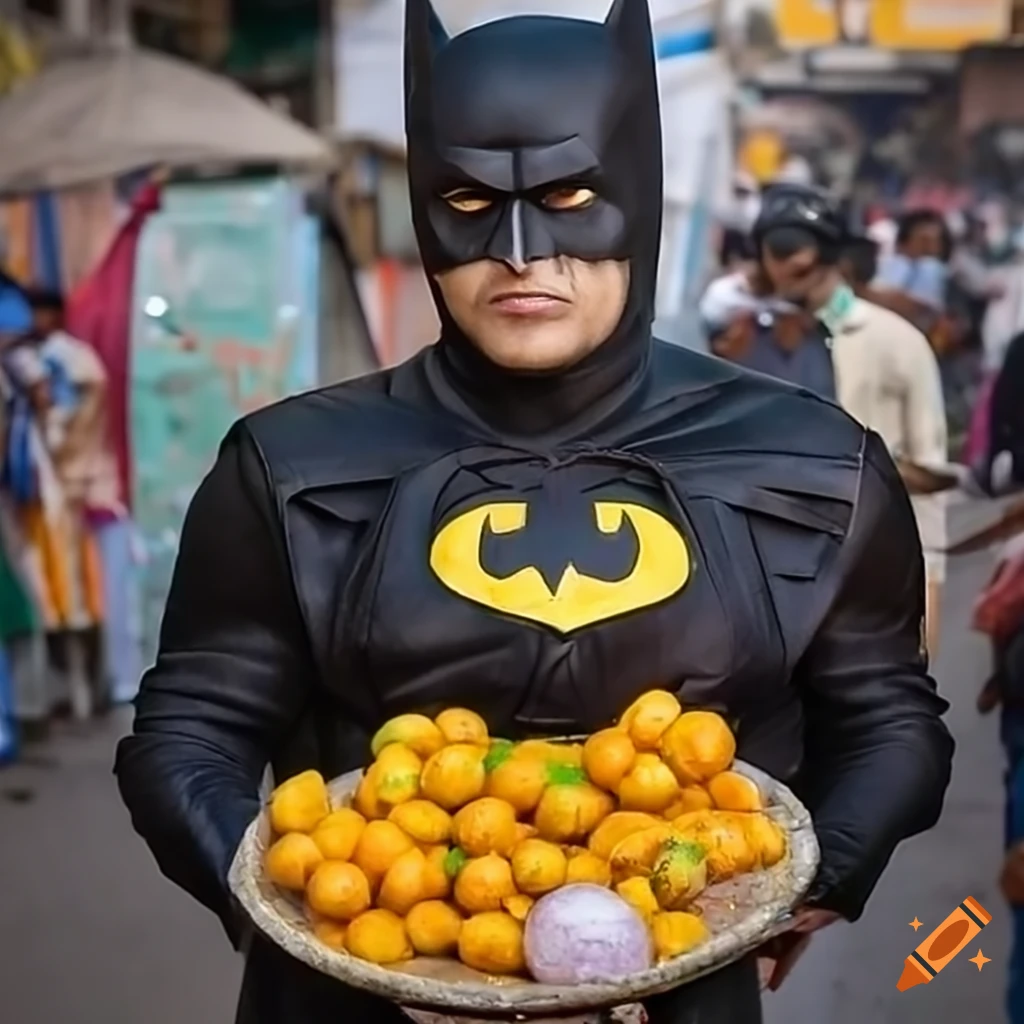 A person in Batman costume selling fruits on a busy Indian street on ...