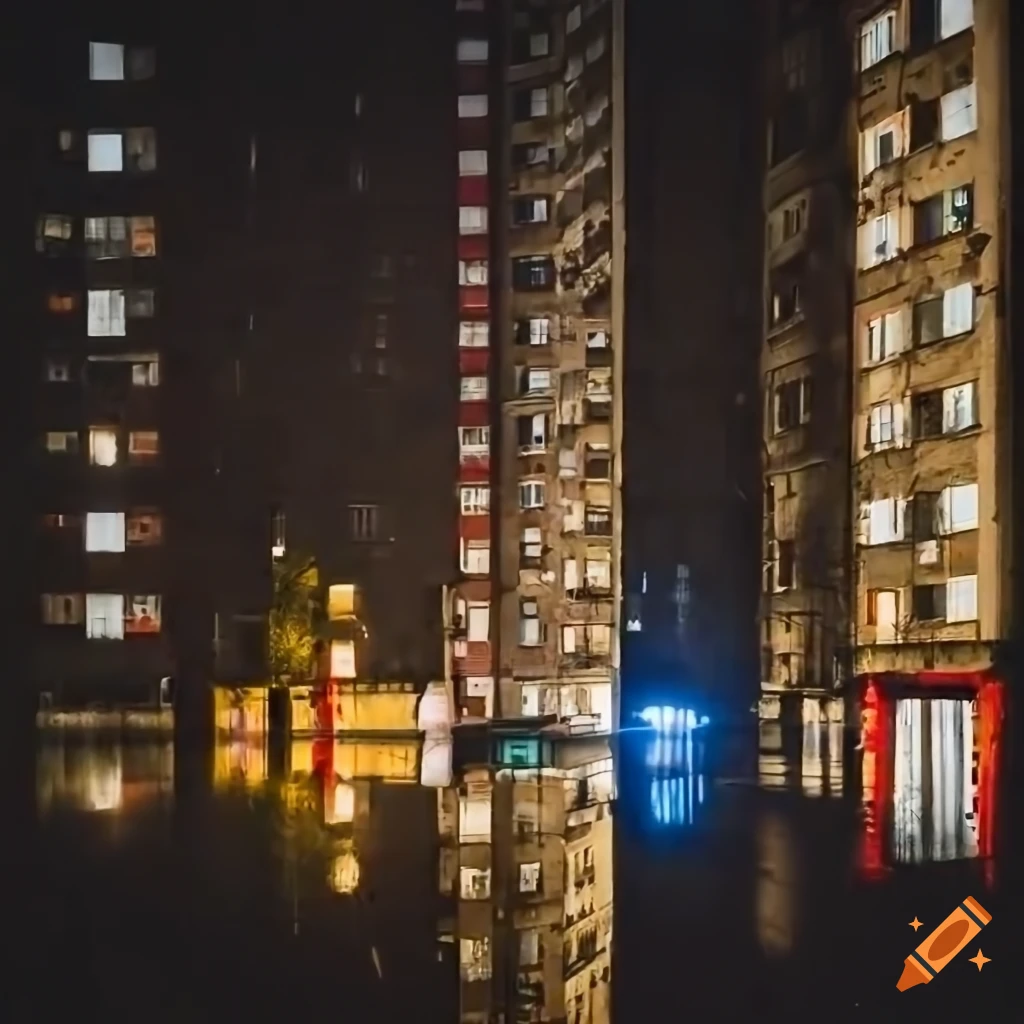 Apartment bloc, post-soviet architecture, neon signs, advertisements ...