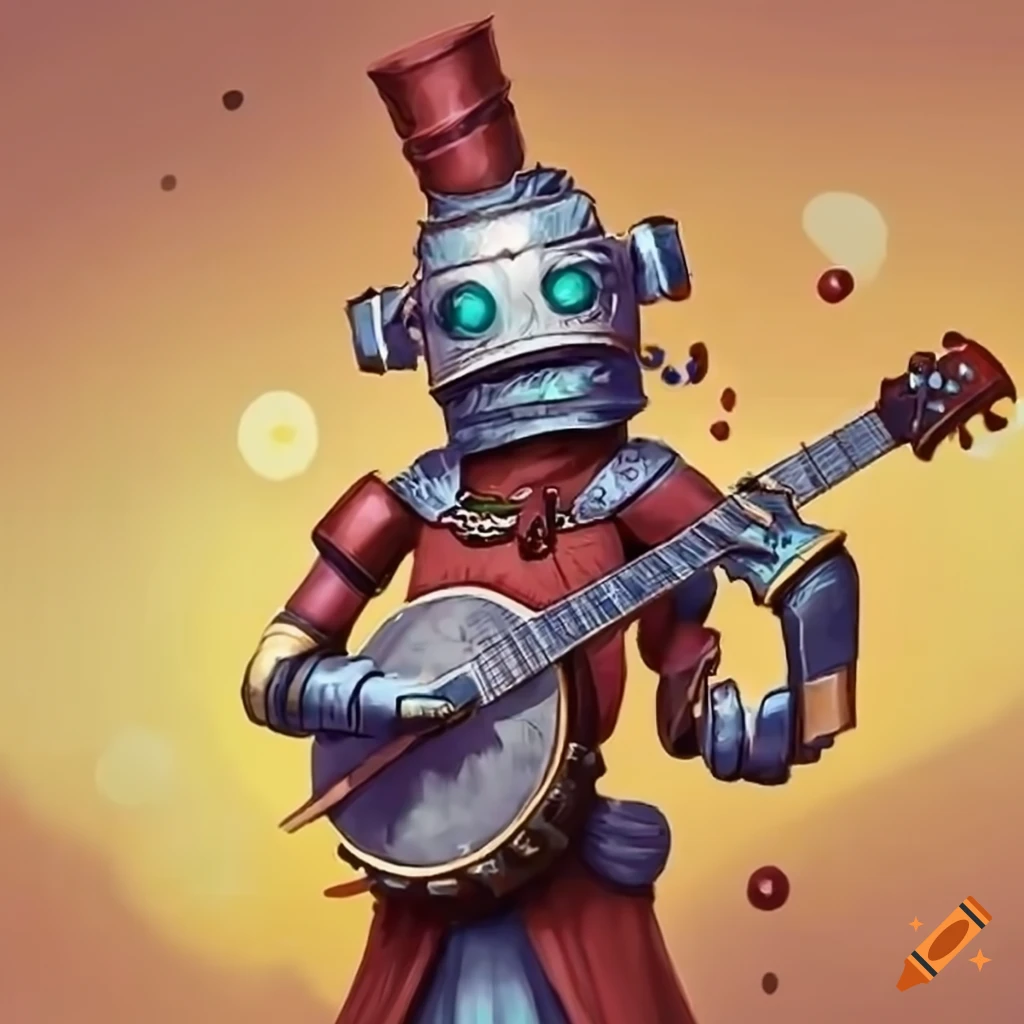 D&D Robot bard playing a banjo happily and singing on Craiyon