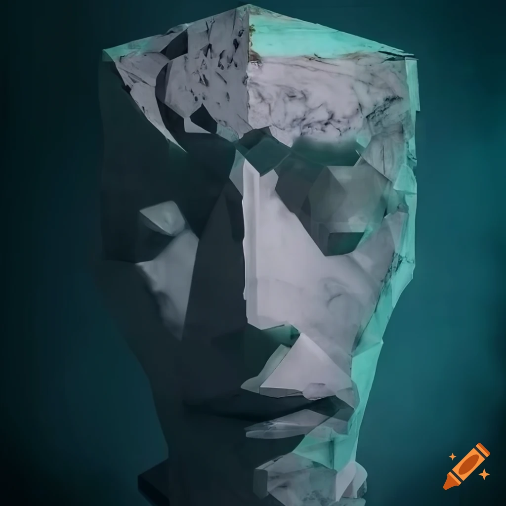 Surreal floating island with a bizarre marble sculpture of a geometric male human face with ...