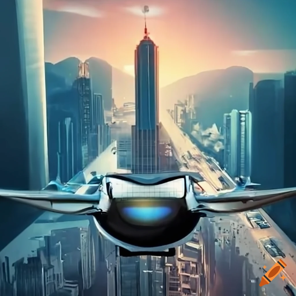 A flying car going fast around skyscrapers