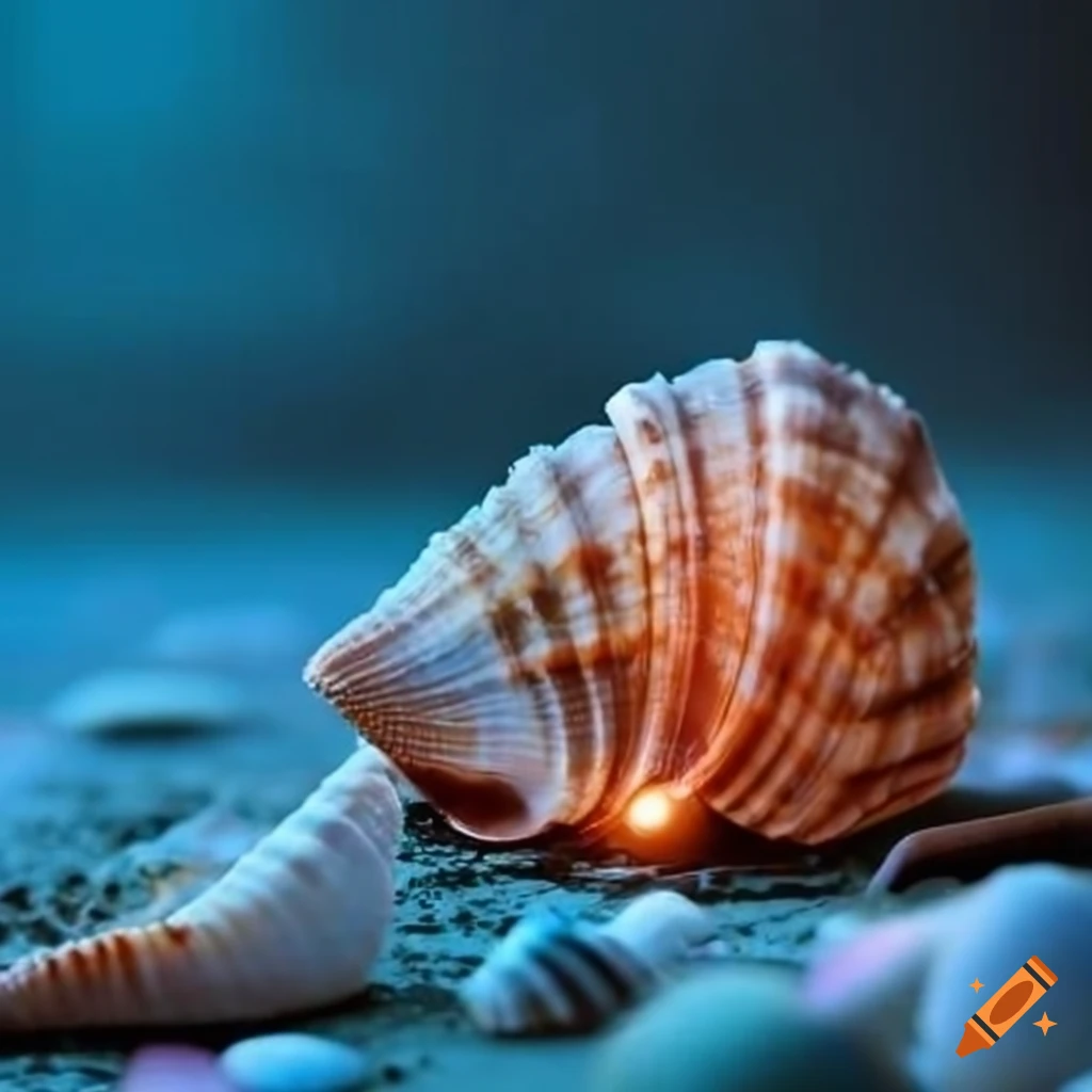 Vintage beach seashells. 1 is glowing with ethereal magic on Craiyon