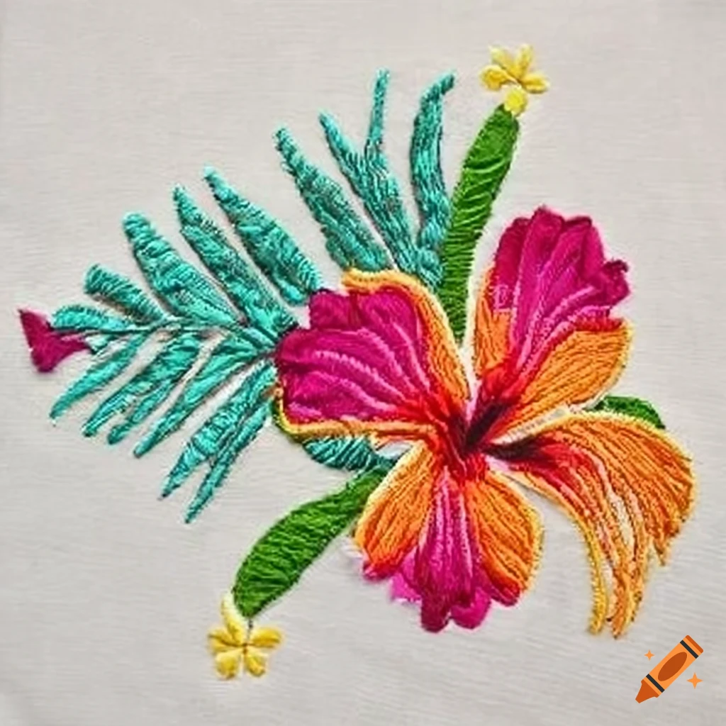 Craft a tropical-themed embroidery featuring exotic flowers such as ...