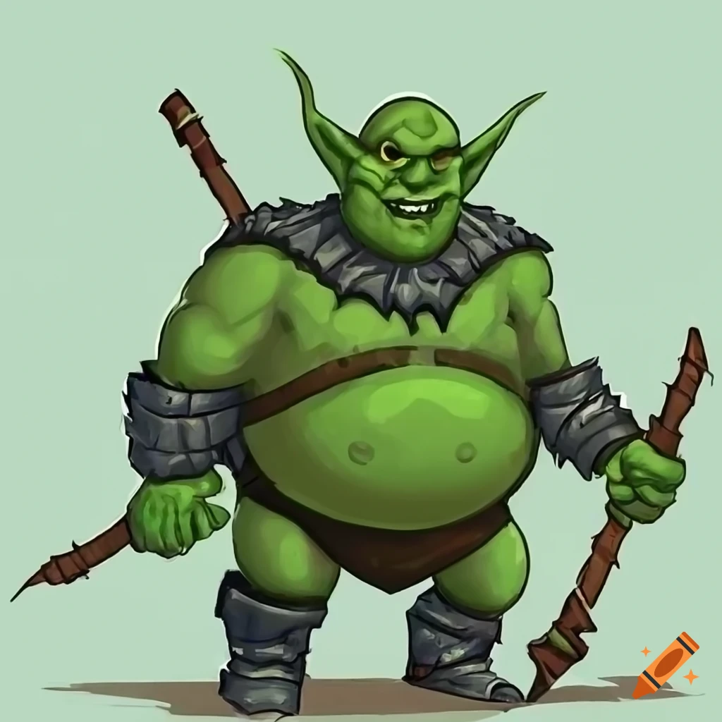 Bald fat green-skinned goblin warrior with a huge belly wearing armor ...