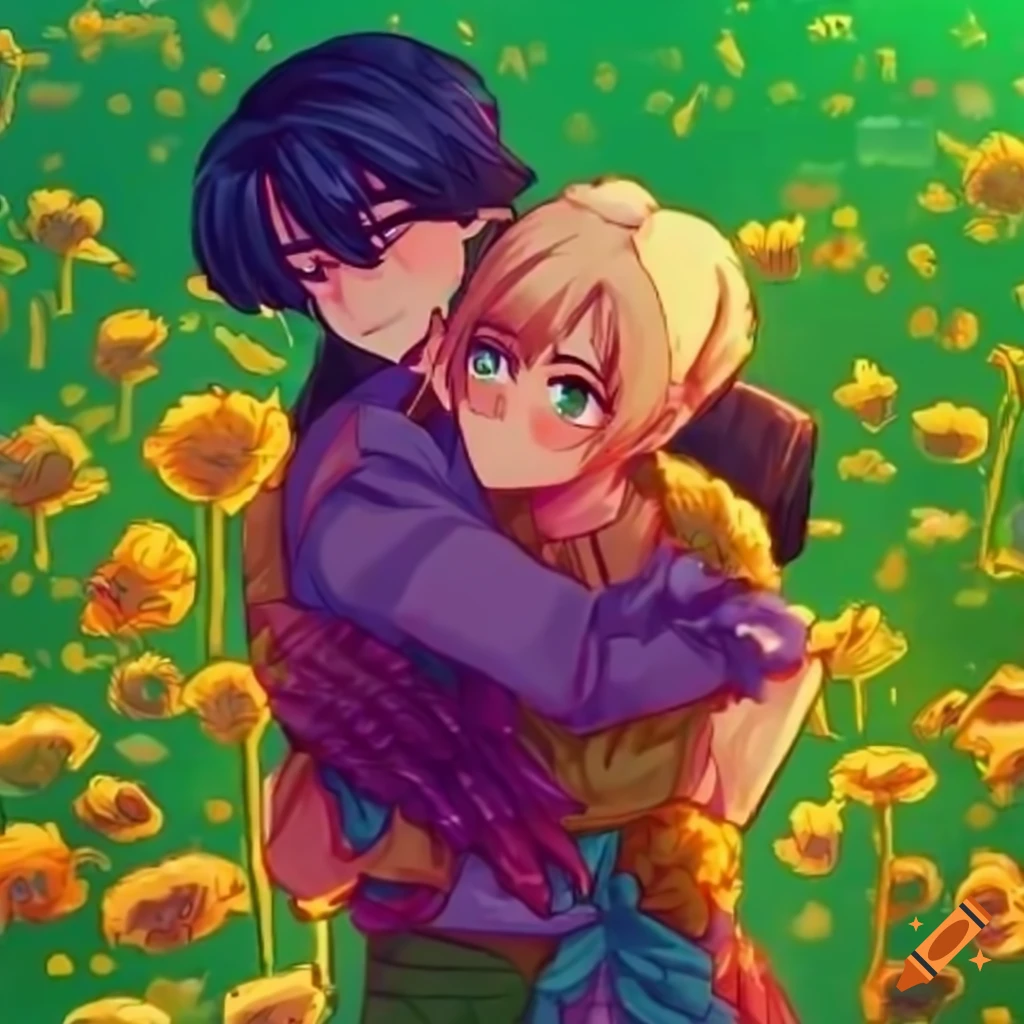 Anime stardew valley shane hugging the farmer in a field of flowers on ...