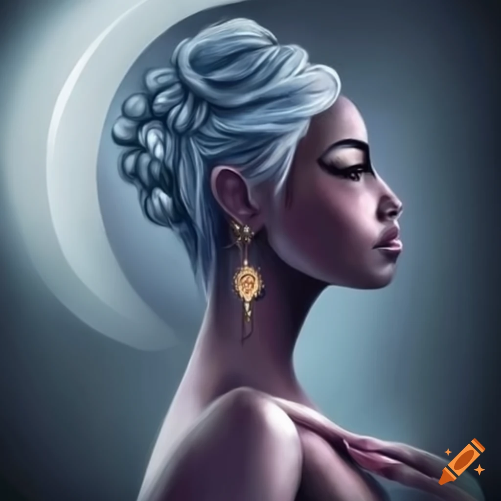 Moon with African Greek Goddess Selene with long white hair side ...